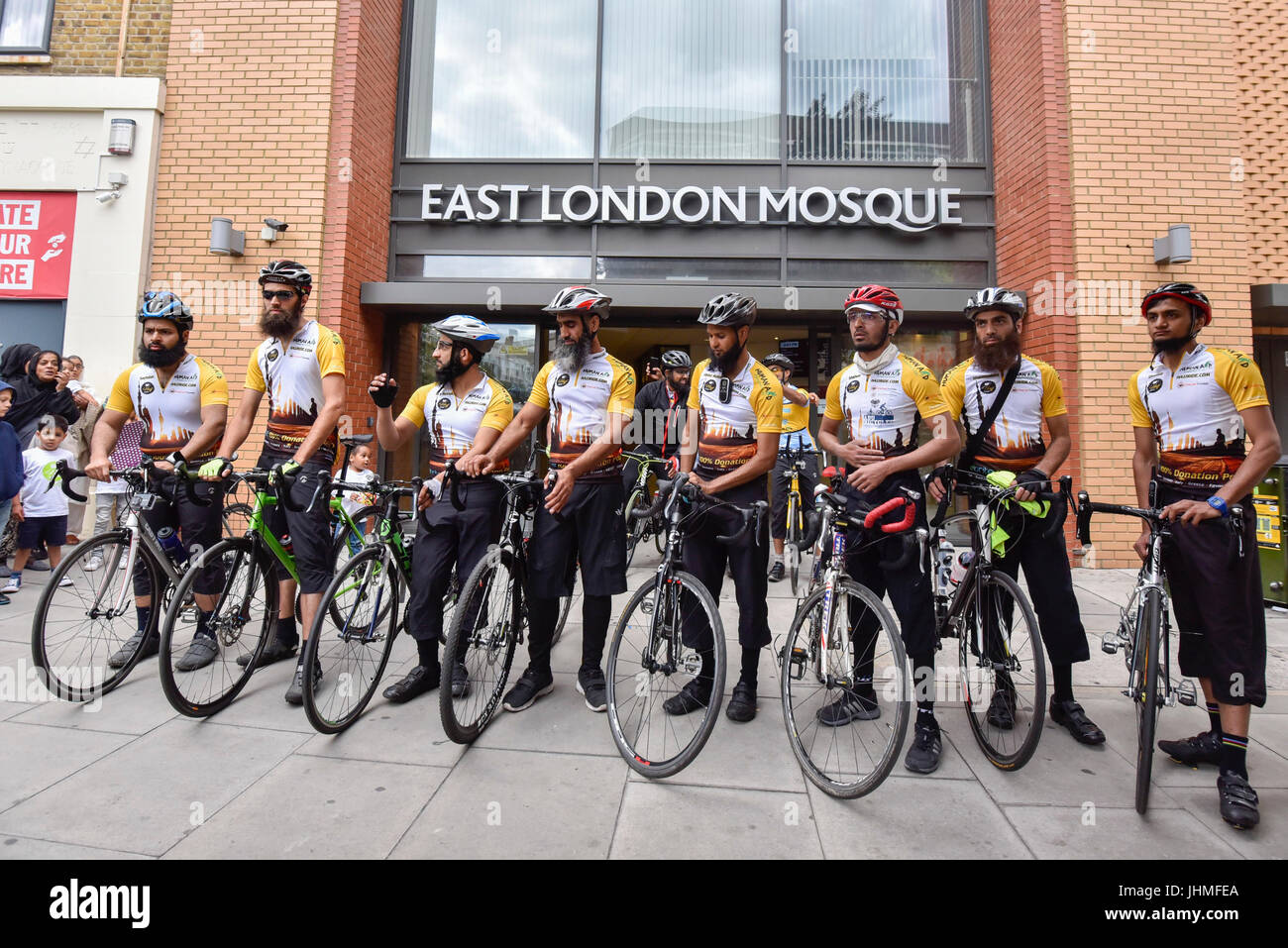 London, UK. 14 July 2017. Muslim cyclists gather at the East London ...