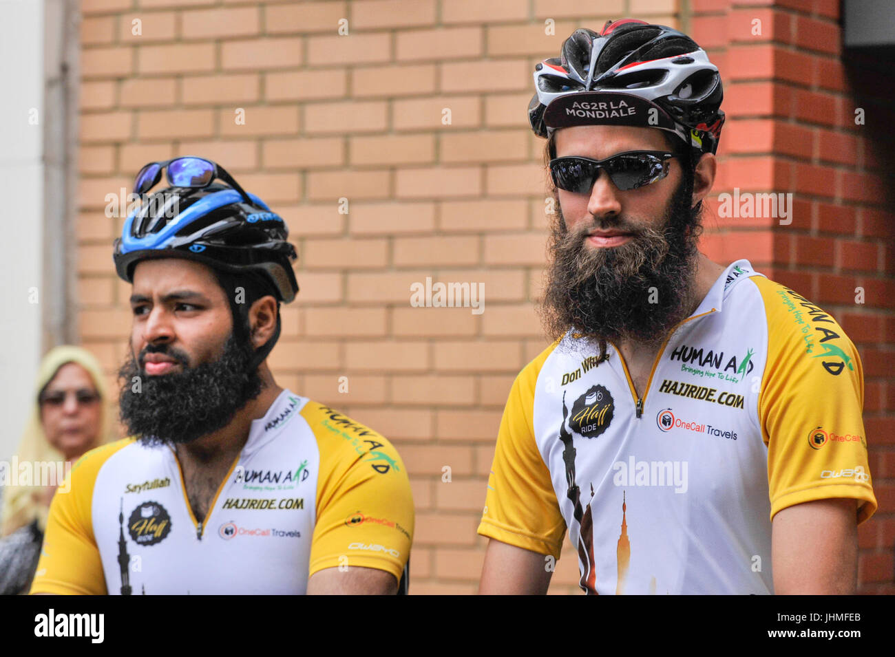 London, UK. 14 July 2017. Muslim cyclists gather at the East London ...