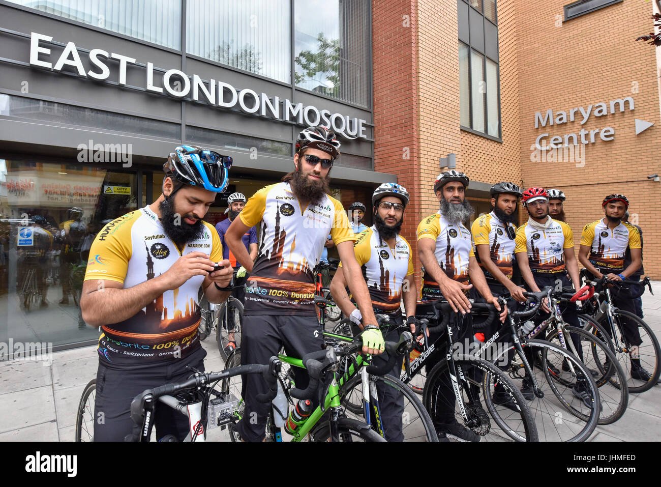 London, UK. 14 July 2017. Muslim cyclists gather at the East London ...