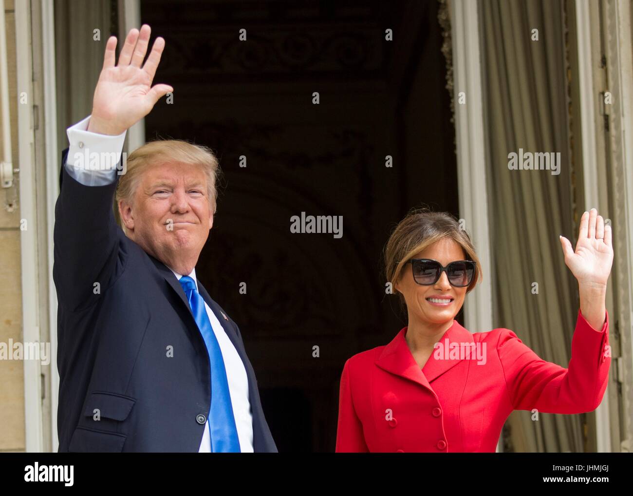 U.S. President Donald Trump and First Lady Melania Trump wave as they ...