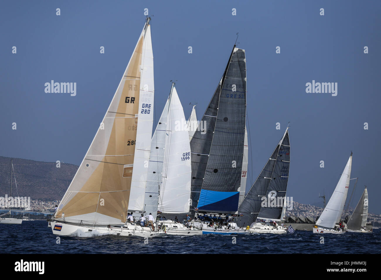 Athens. 14th July, 2017. Boats sail in the Saronic Gulf waters shortly ...