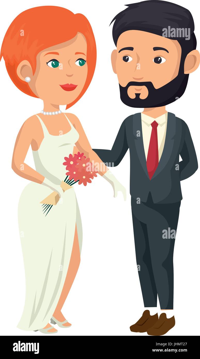 cartoon happy wedding couple icon over white background vector ...