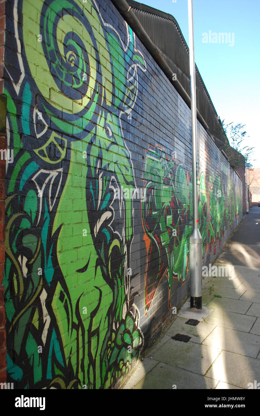 Green goat graffiti on a brick wall near the New Art Exchange Gallery ...
