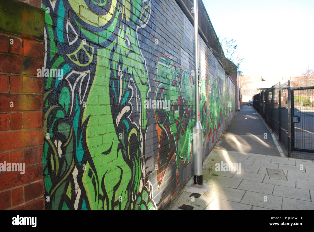 Green goat graffiti on a brick wall near the New Art Exchange Gallery ...