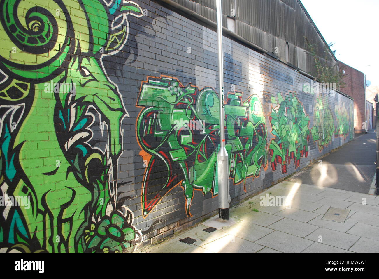 Green goat graffiti on a brick wall near the New Art Exchange Gallery ...