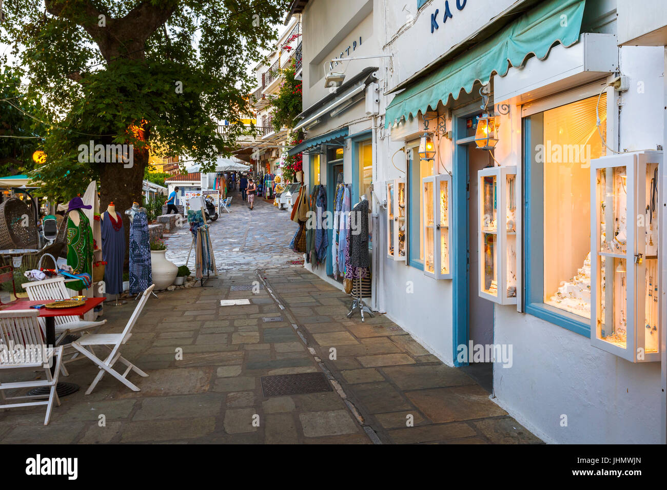 Traditional architecture with shop in Skopelos town, Greece Stock Photo ...