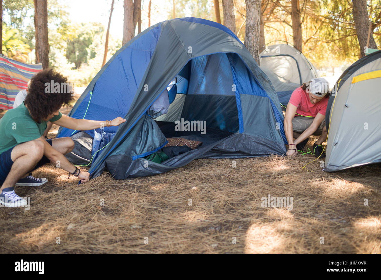 Male friends making tent on field during camping Stock Photo - Alamy