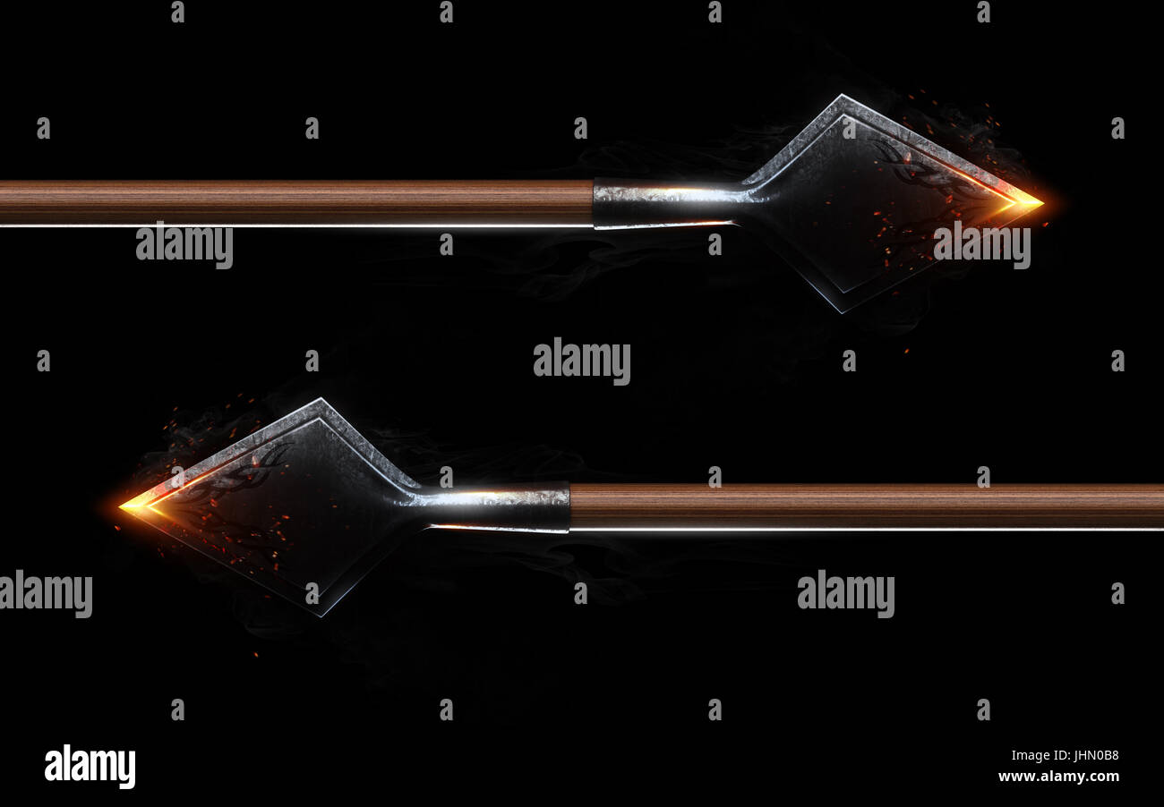Blazing flying arrows on black background isolated. Concept. 3d render ...