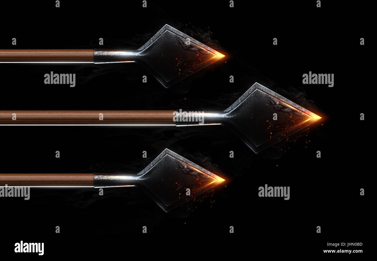 Blazing flying arrows on black background isolated. Concept. 3d render ...