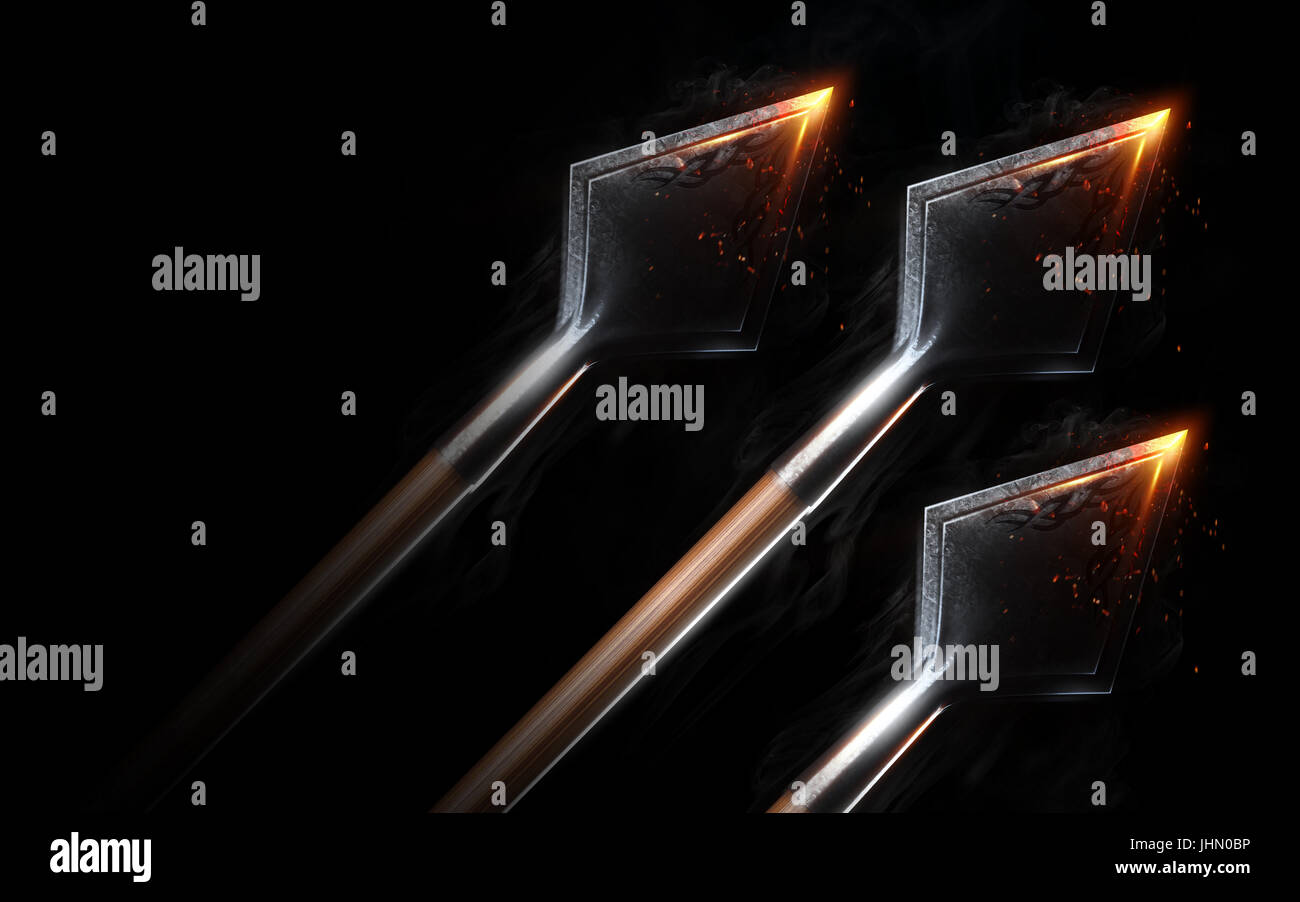 Blazing flying arrows on black background isolated. Concept. 3d render ...