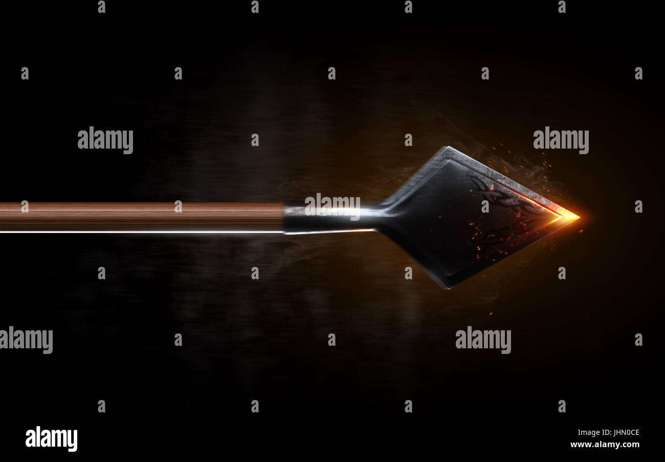 Blazing flying arrows on black background isolated. Concept. 3d render ...