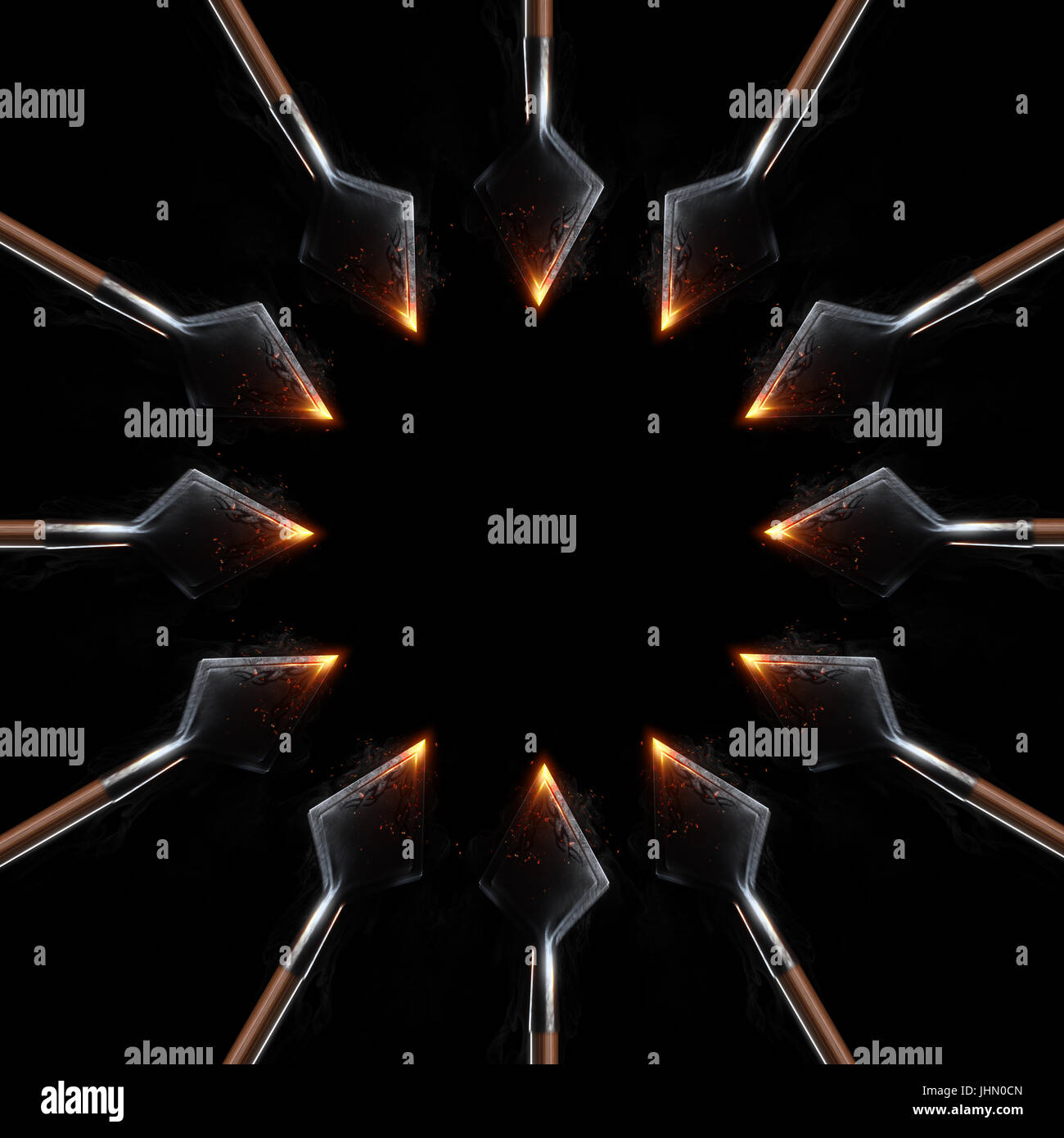 Blazing flying arrows on black background isolated. Concept. 3d render ...