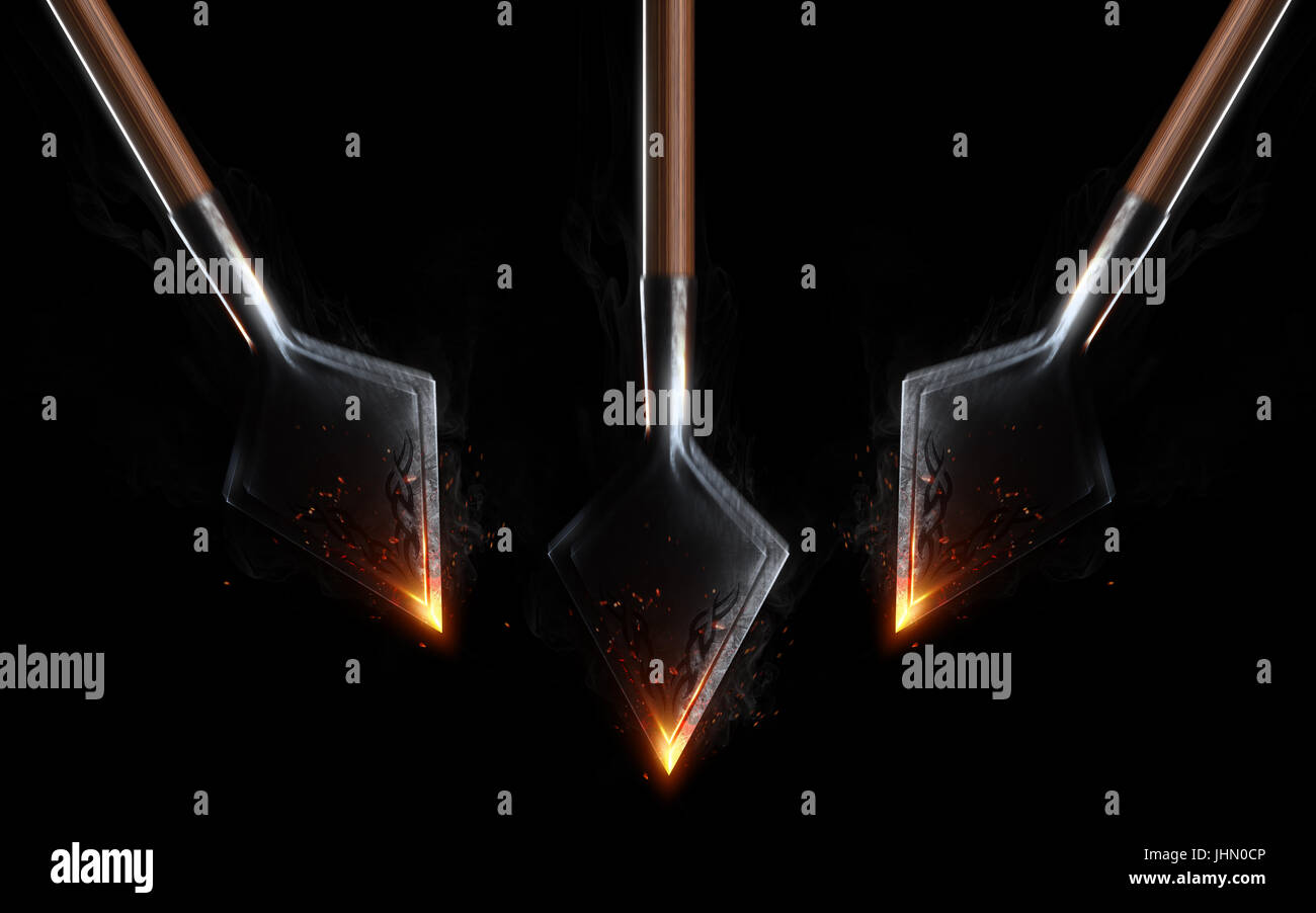 Blazing flying arrows on black background isolated. Concept. 3d render ...