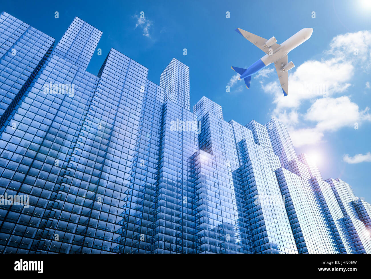 3d rendering airplane flying above building Stock Photo - Alamy