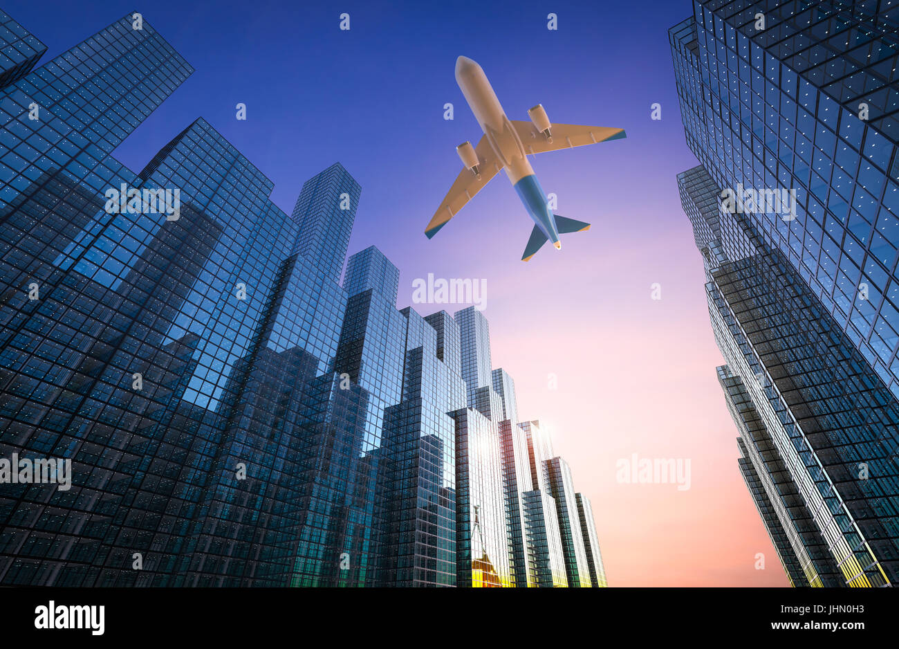 3d rendering airplane flying above building Stock Photo - Alamy
