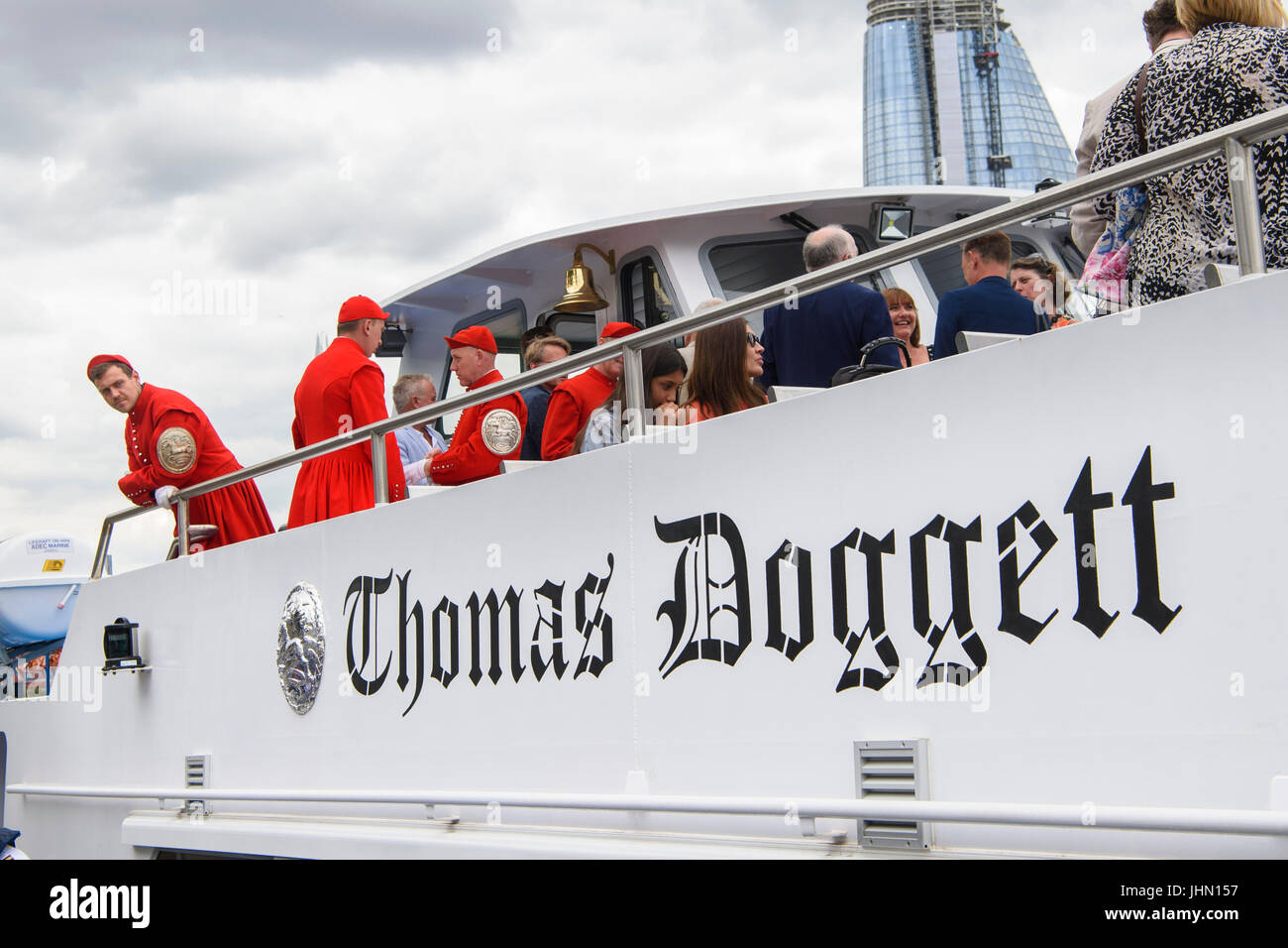 Thames Watermen pictured on board as the Thomas Doggett sightseeing ...