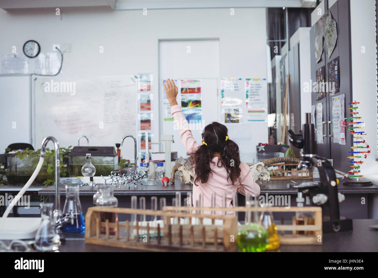 Rear view of elementary student raising hand by desk at science ...