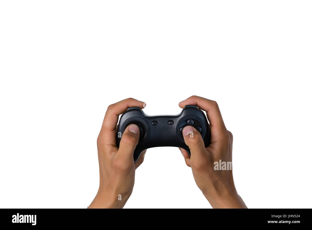 Cropped of hand holding controller against white background Stock Photo ...