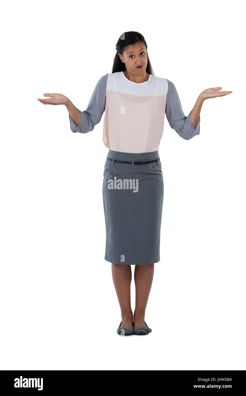 Confused question woman shrugging Cut Out Stock Images & Pictures - Alamy