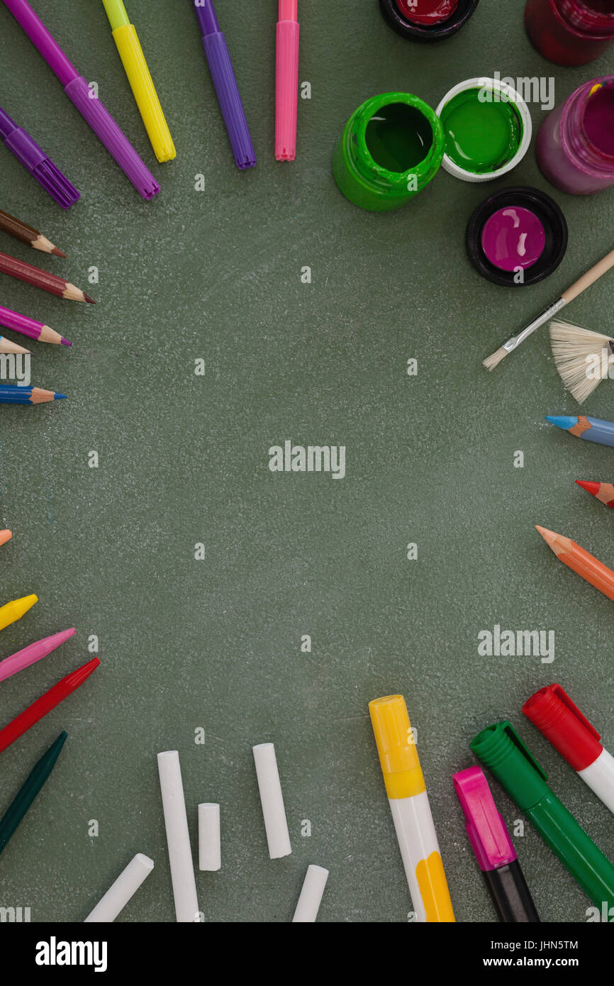 Overhead view of various drawing equipment arranged on chalkboard Stock ...