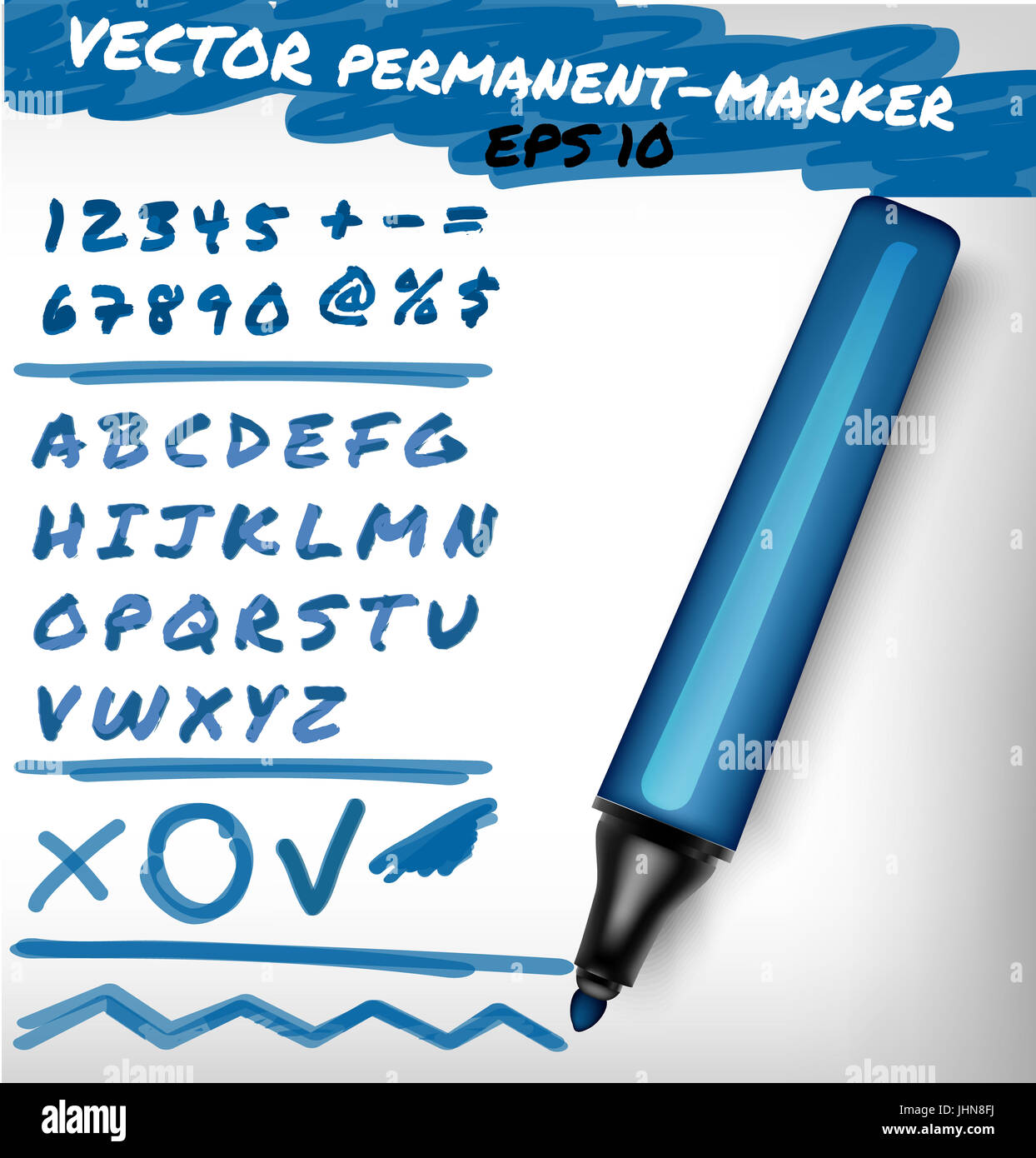 Blue color open permanent marker pen, handwritten digits set, numerals ...