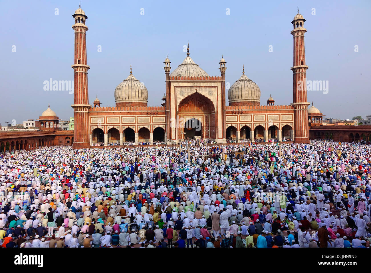 Crowd of lots of Muslim people praying namaz on occasion of Eid-Al-Fitr ...