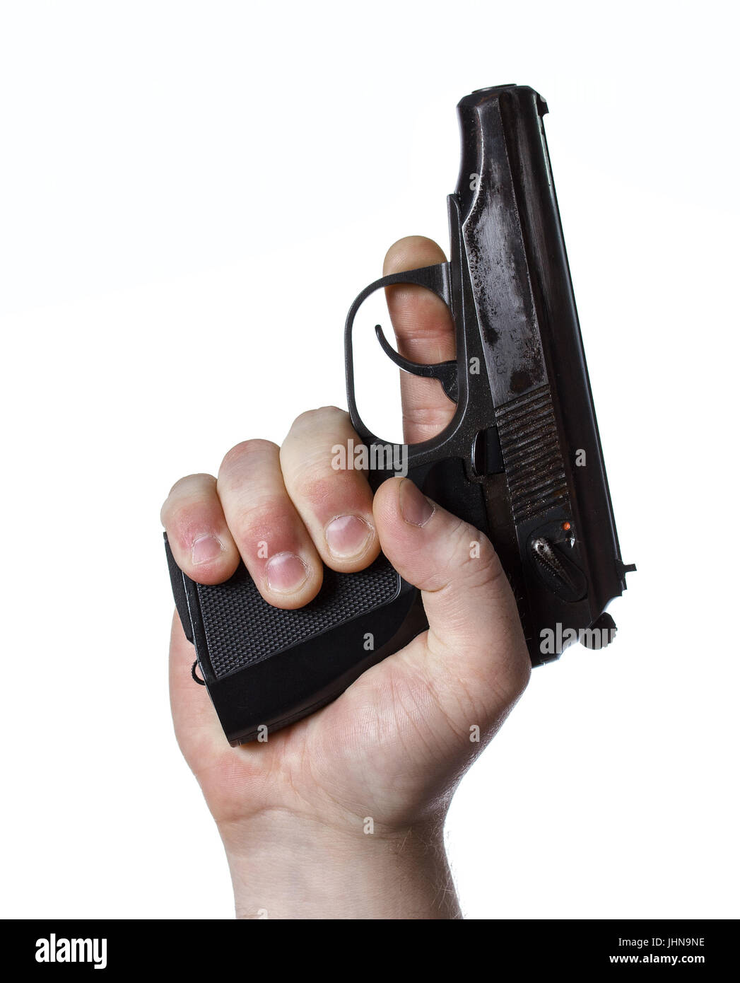 Gangster with a gun in his hand and a leather jacket on a white ...