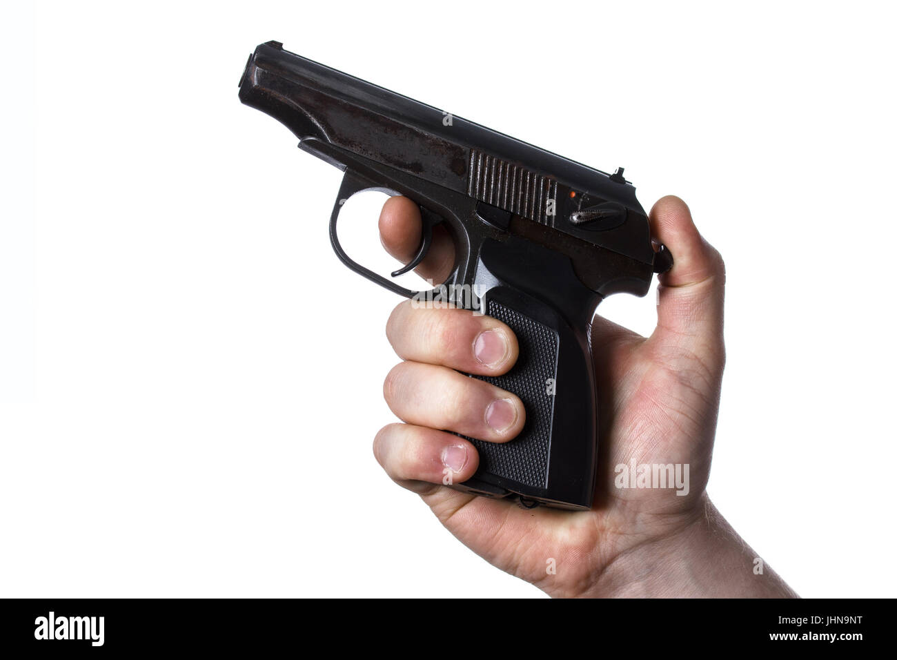 Gangster with a gun in his hand and a leather jacket on a white ...