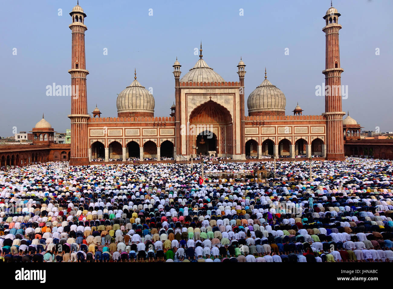 Crowd of lots of Muslim people praying namaz on occasion of Eid-Al-Fitr ...