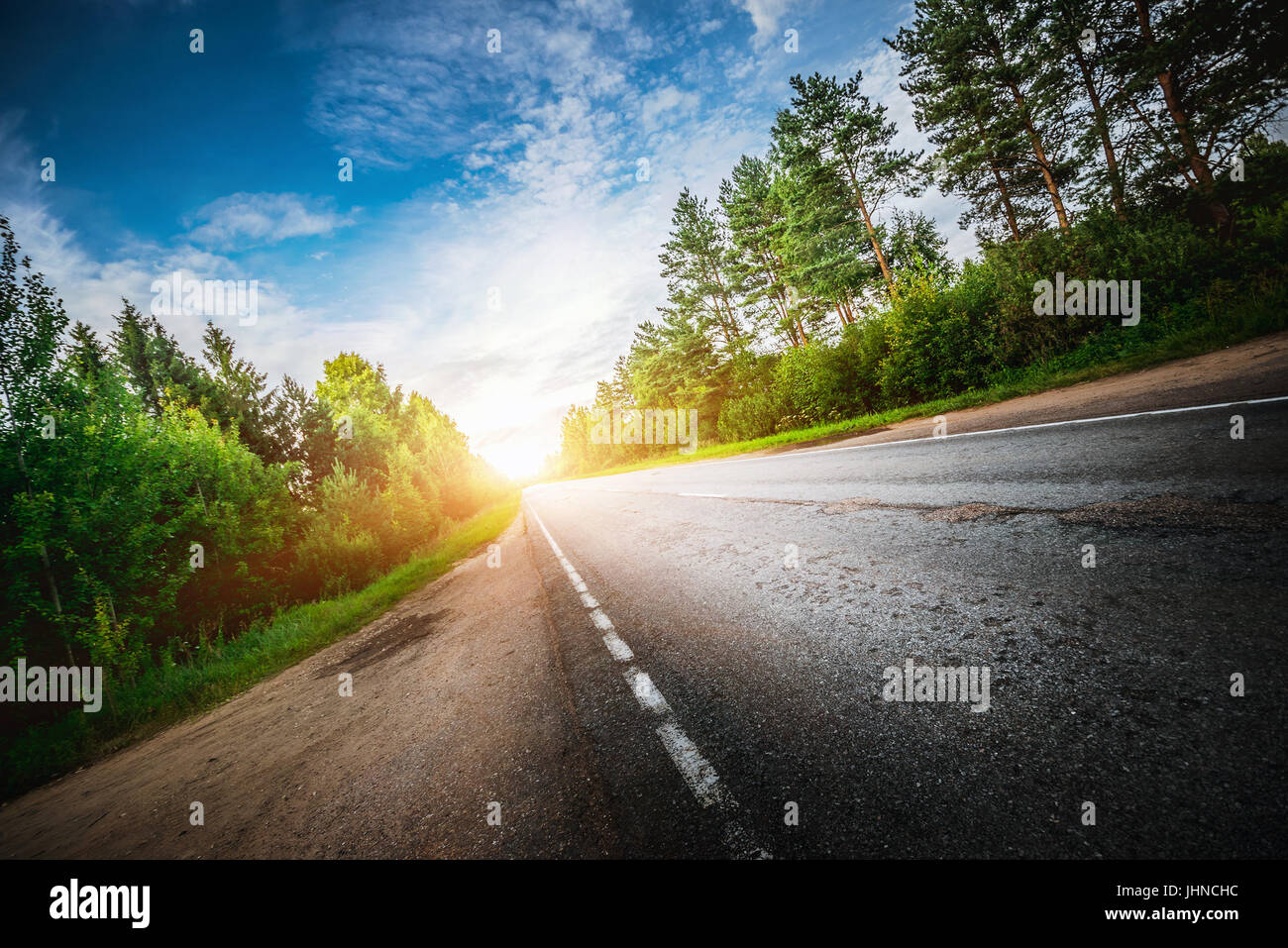 Sunrise beautiful road in forest Stock Photo - Alamy