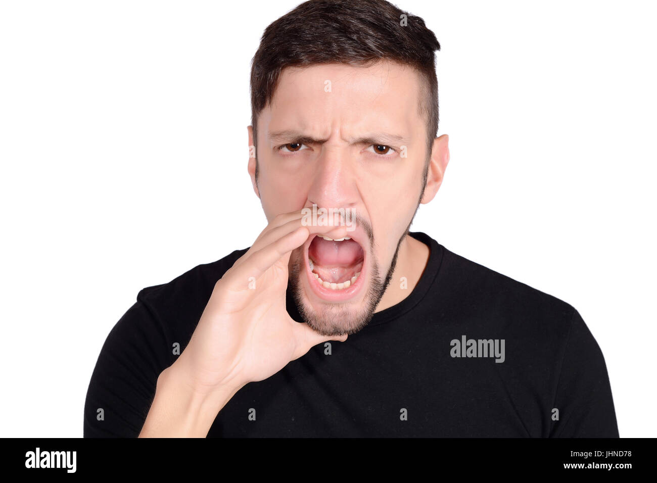 Portrait of a young man shouting. Isolated white background Stock Photo ...