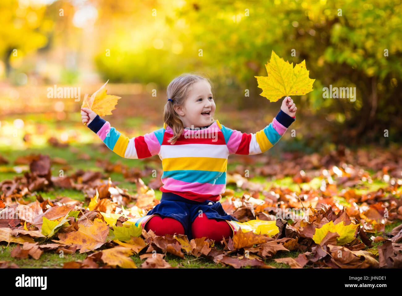 Kids play in autumn park. Children throwing yellow and red leaves ...