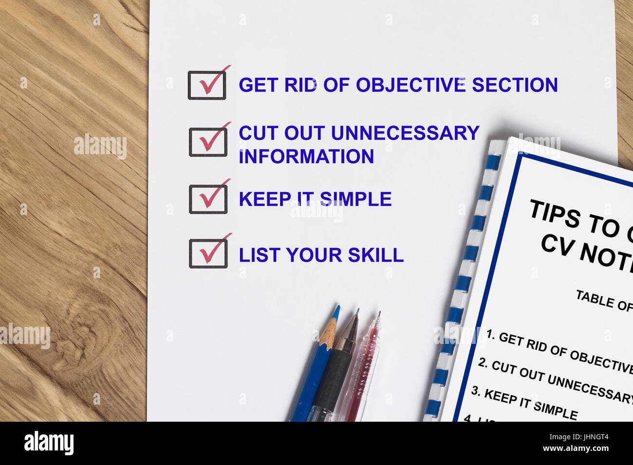 Tips on improving your CV concept with lecture notes Stock Photo - Alamy