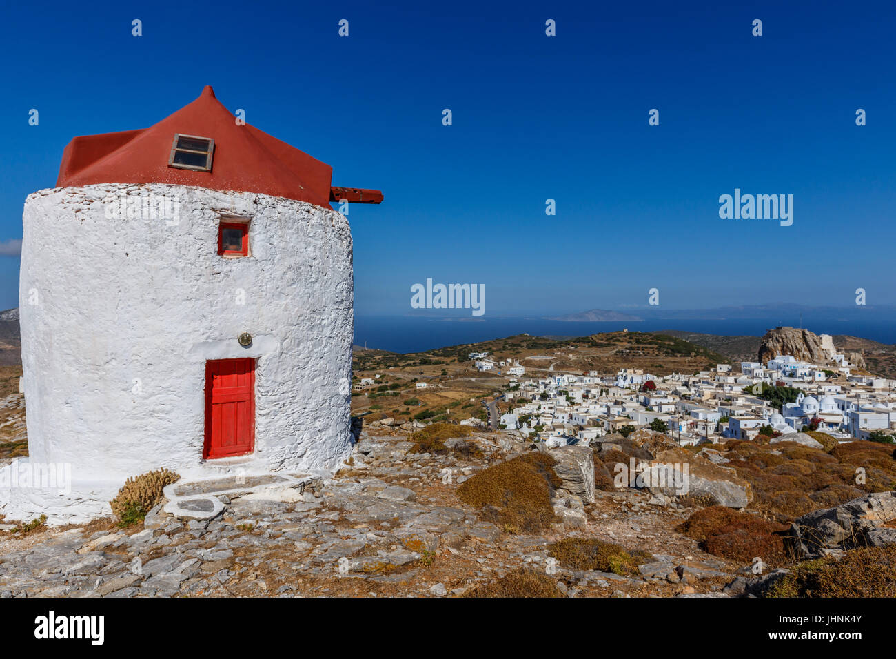 View to Amorgos Chora from Mills Stock Photo - Alamy