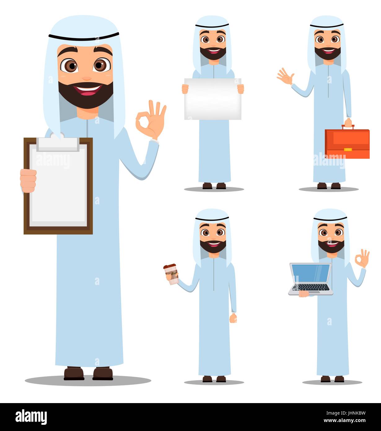 Arab man in white clothes. Cute cartoon character set. Vector ...