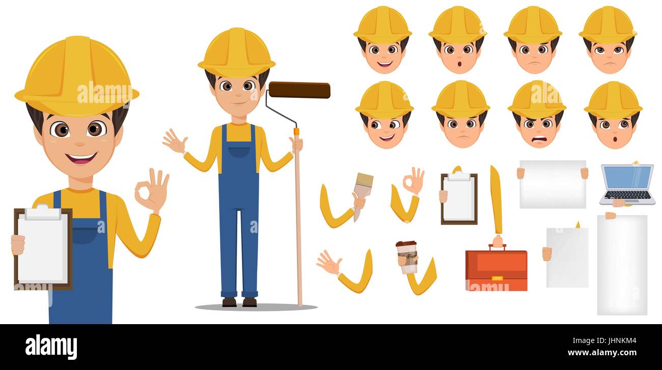 Builder cartoon character creation set. Young handsome installer in ...