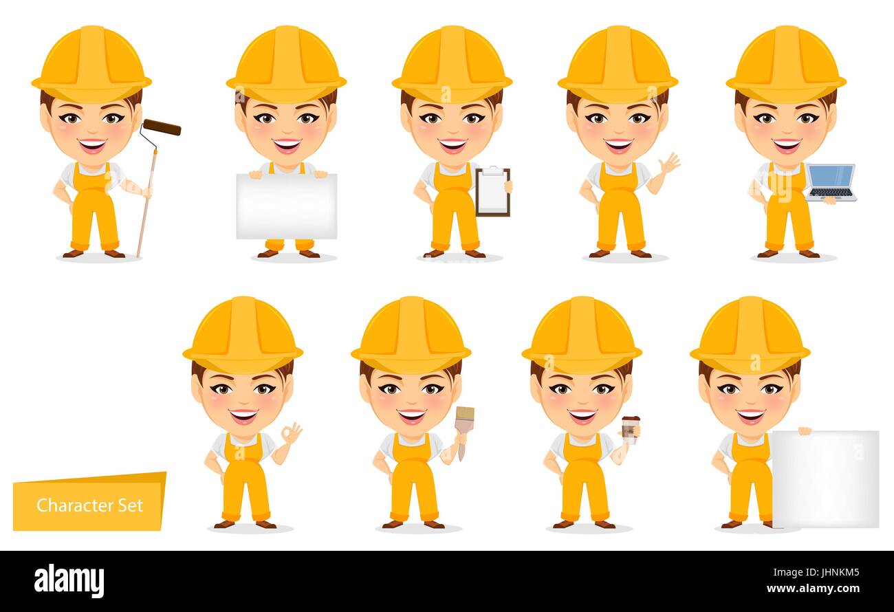 Builder woman. Funny female worker with big head. Set of humorous ...