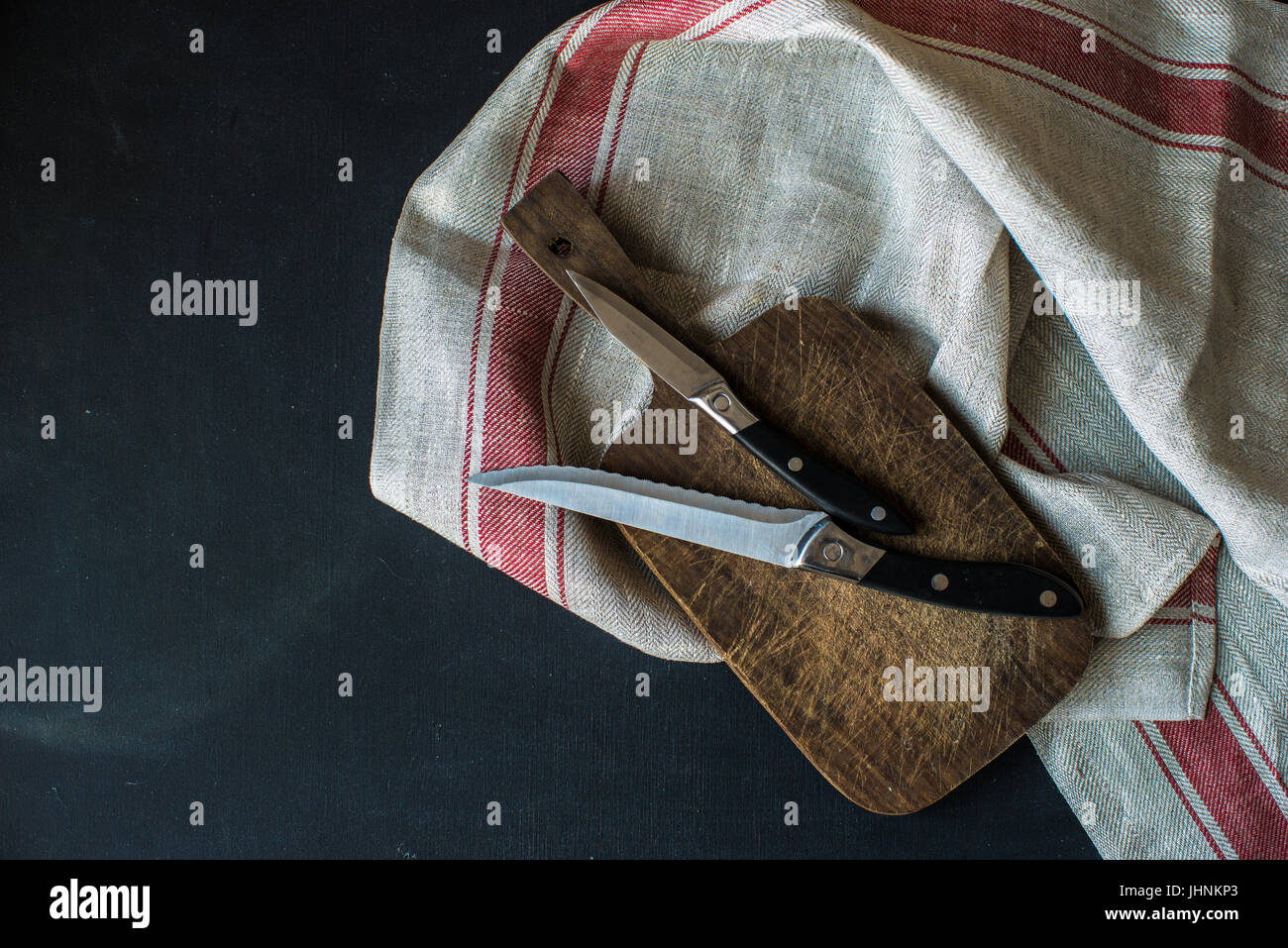 Rustic kitchen staff on wooden table with copyspace Stock Photo - Alamy