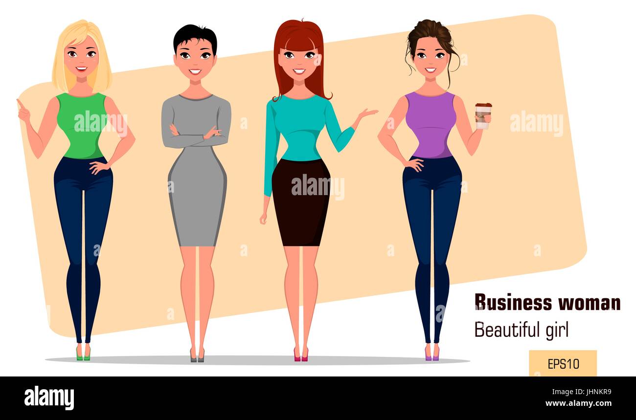 Four young cartoon businesswomen. Set of beautiful girls in working ...