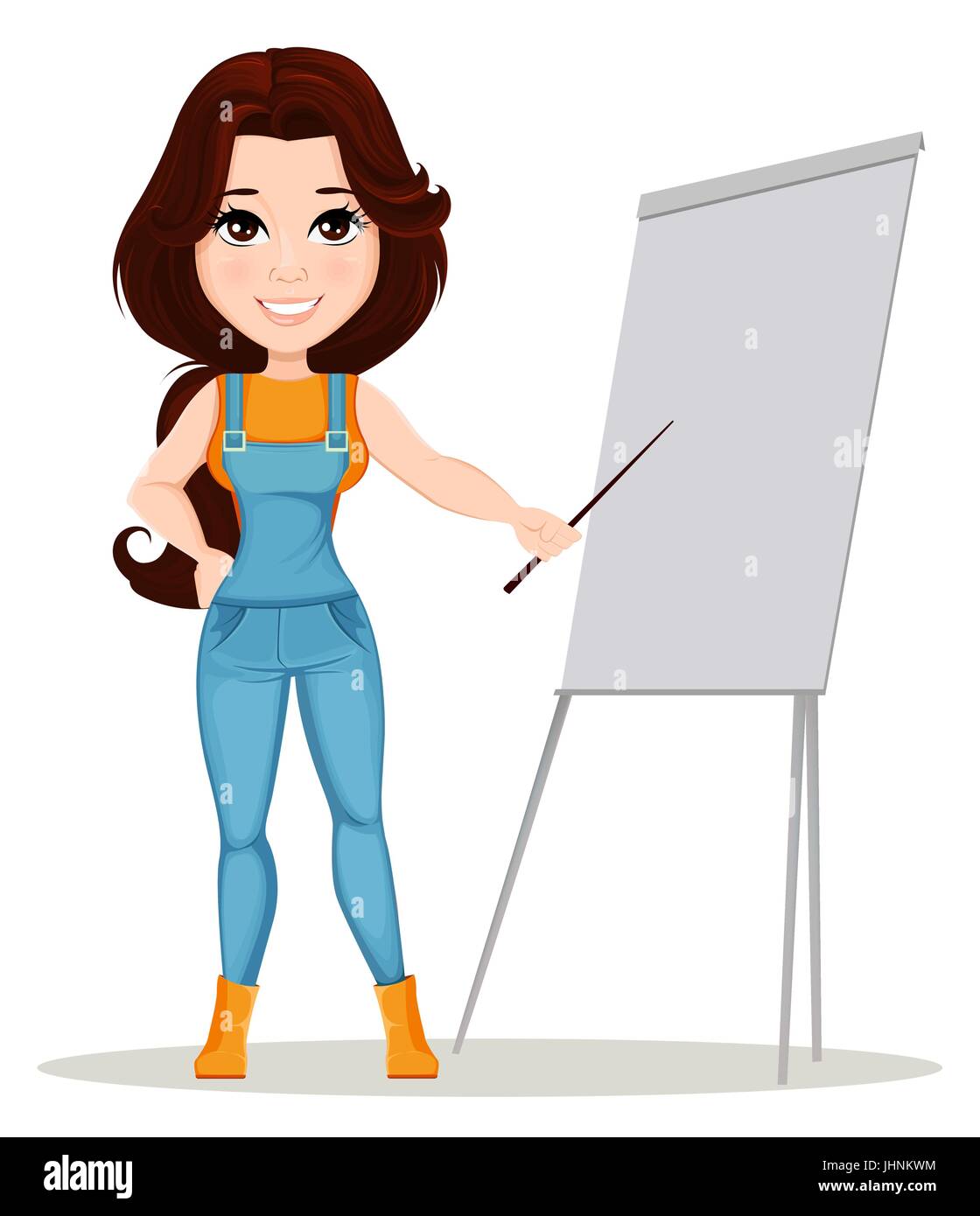 Farmer girl dressed in work jumpsuit. Cute cartoon character standing ...