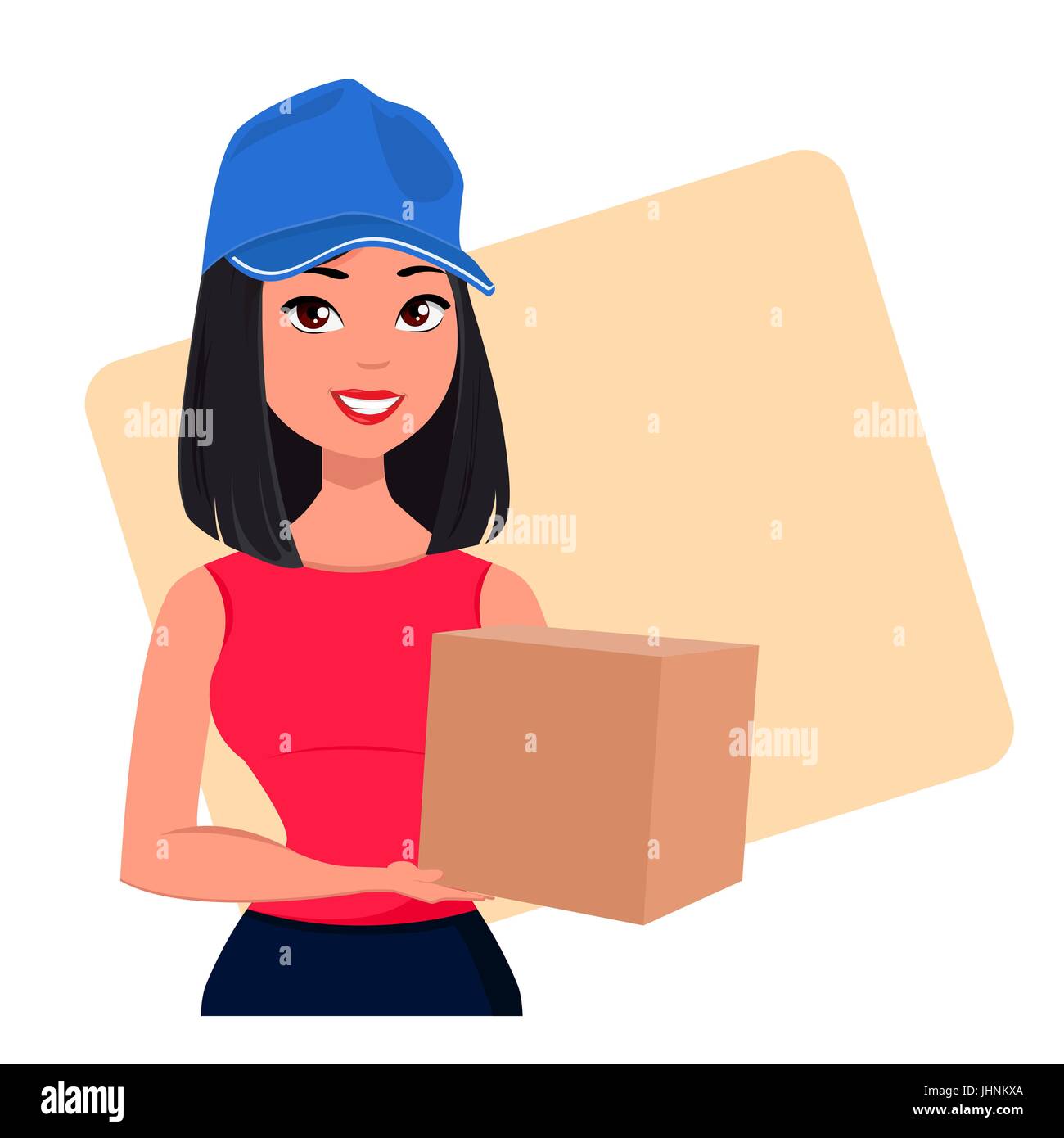 Young cartoon girl from courier delivery services holding large ...