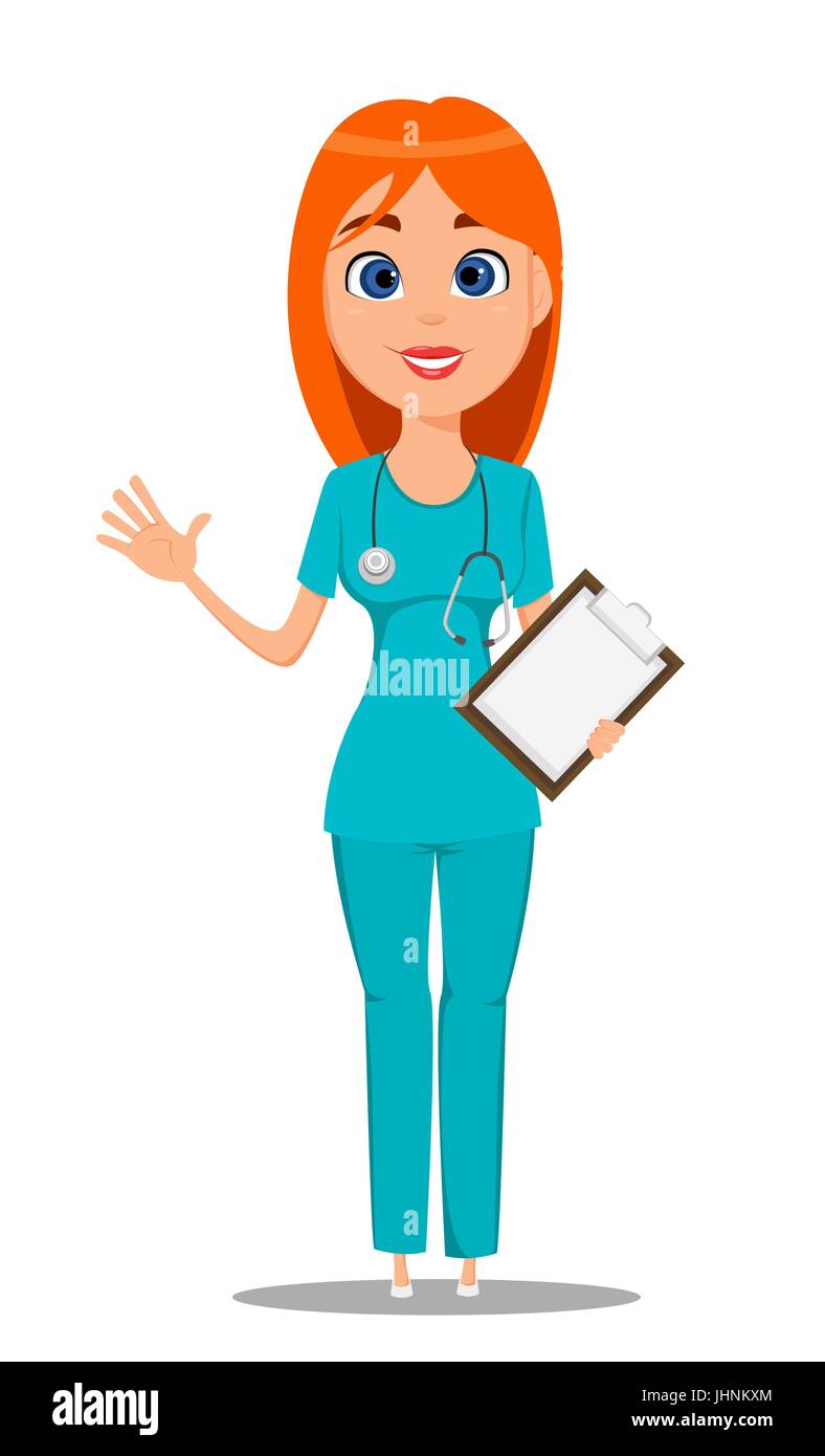 Nurse, medical worker in blue uniform (tunic and trousers) with ...