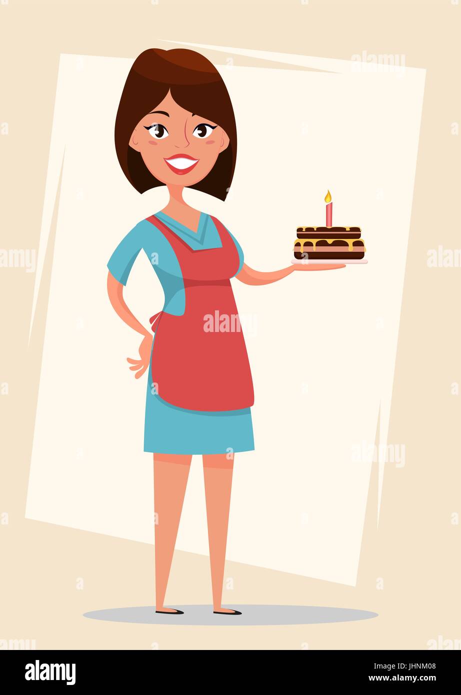 Woman holding tasty cake with burning candle for birthday. Cute cartoon ...