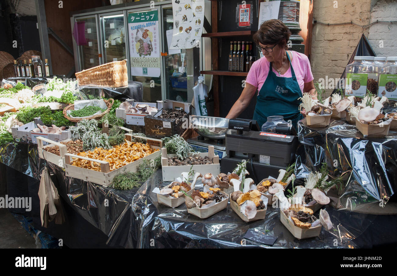 Stallholder at her stall specialising in fungi and herbs in Borough ...