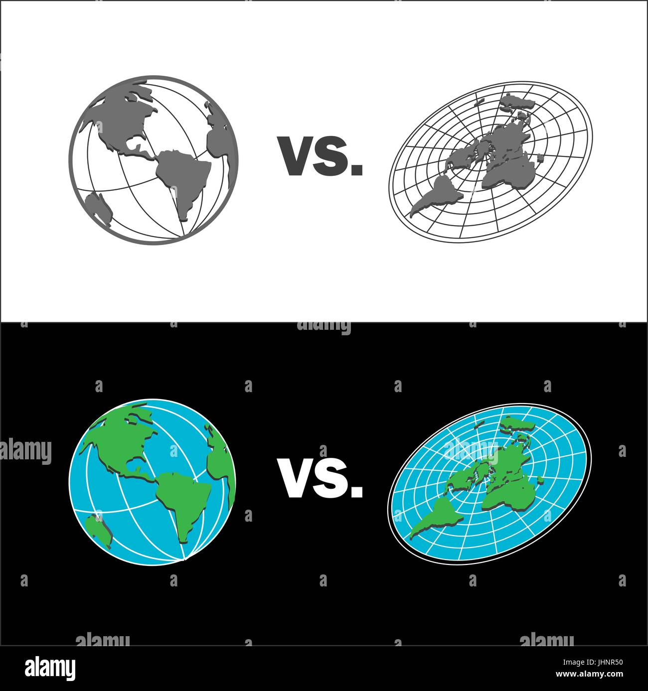 Flat Earth vs Sphere Earth map. Isolated vector illustration Stock ...