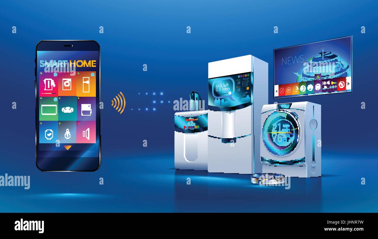 Smart kitchen. the smart phone manages kitchen appliances: dishwasher ...