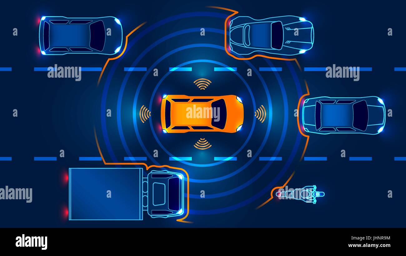 Autonomous smart car goes on the road in traffic. Scans the road ...