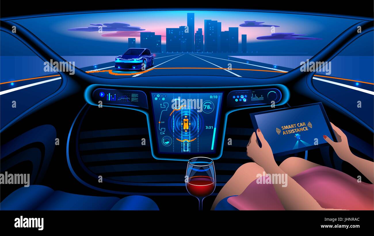 Autonomous Smart car interior. A woman rides a autonomous car in the ...