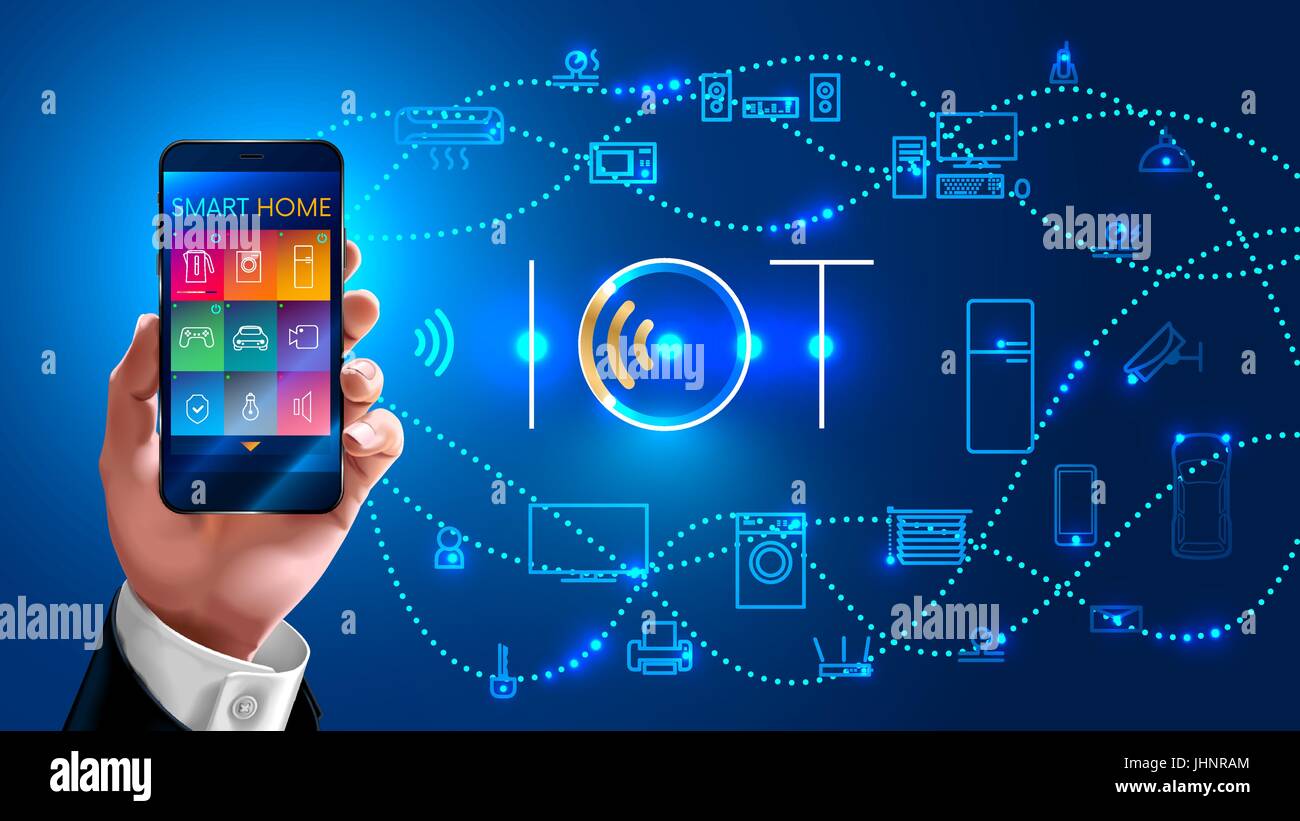 Internet of things. businessman holding phone in his hand and controls ...