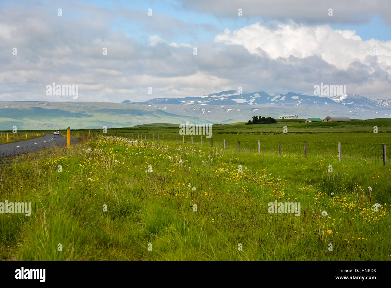 Huge green empty field with view to mountain and houses in background ...